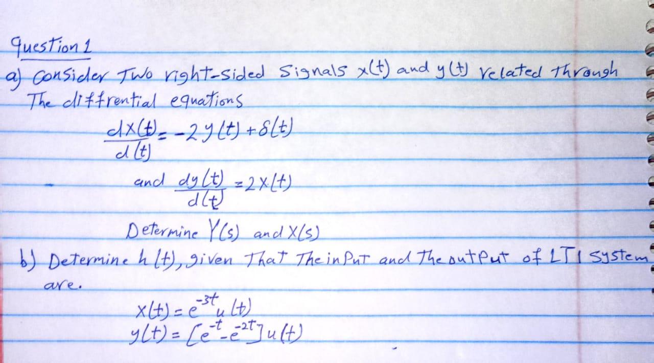 Solved a) consider Two right-sided Signals x(t) and y(t) | Chegg.com