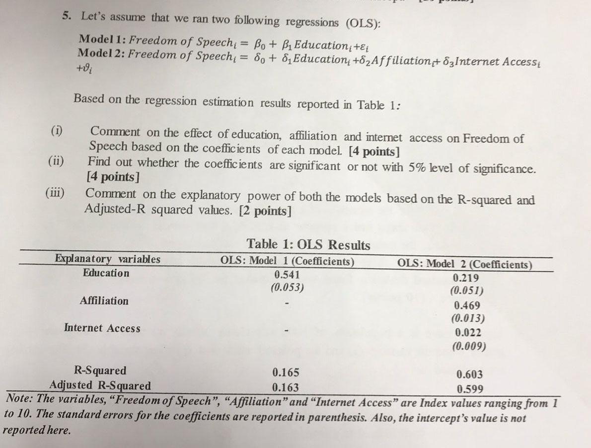 Solved 5. Let's assume that we ran two following regressions | Chegg.com