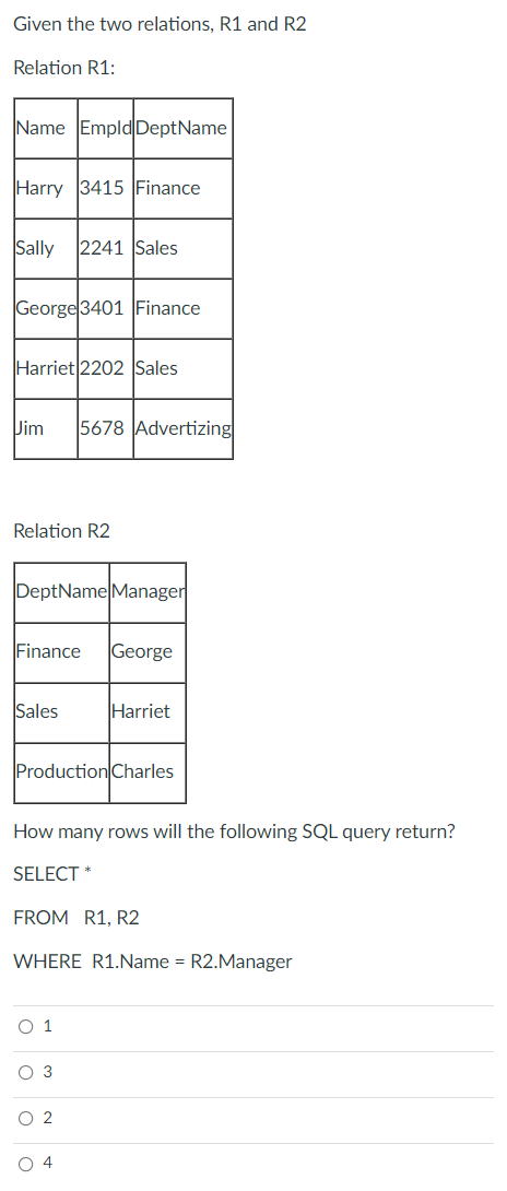 Solved Given the two relations, R1 and R2 Relation R1: Name | Chegg.com