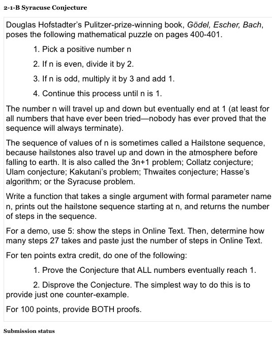 Solved 2-1-B Syracuse Conjecture Douglas Hofstadter's | Chegg.com