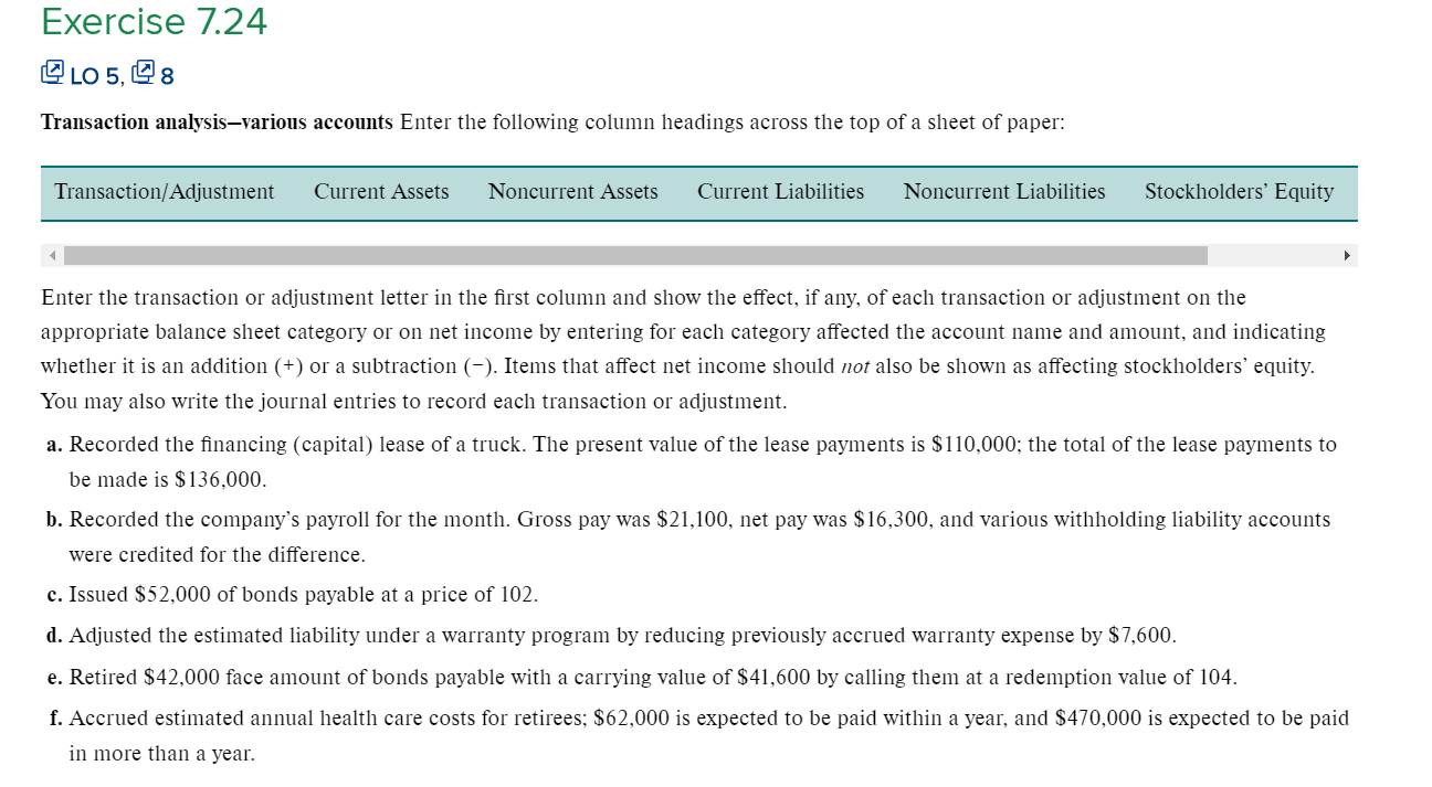 Exercise 7.24 O LO 5, O 8 Transaction | Chegg.com