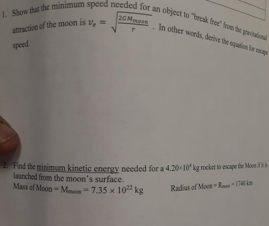 Solved 1. Show that the minimum speed needed for an object | Chegg.com