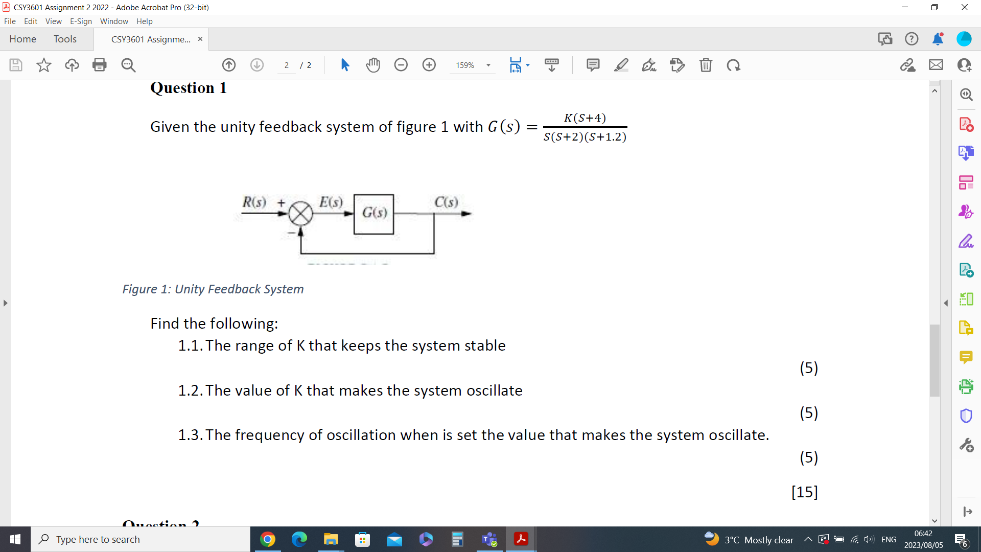 Solved Question 1 Given the unity feedback system of figure | Chegg.com