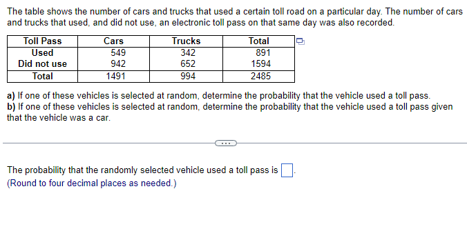 Solved The table shows the number of cars and trucks that | Chegg.com