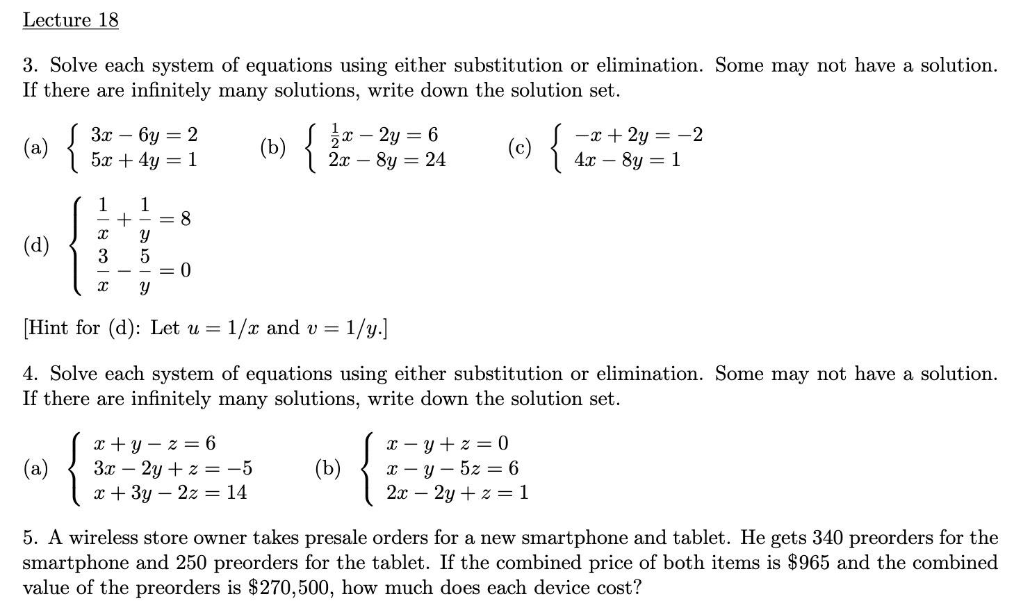 Solved Lecture 18 3. Solve each system of equations using | Chegg.com