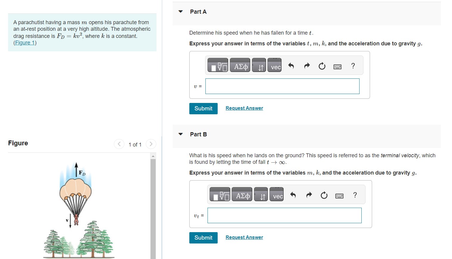 Solved A parachutist having a mass m opens his parachute | Chegg.com