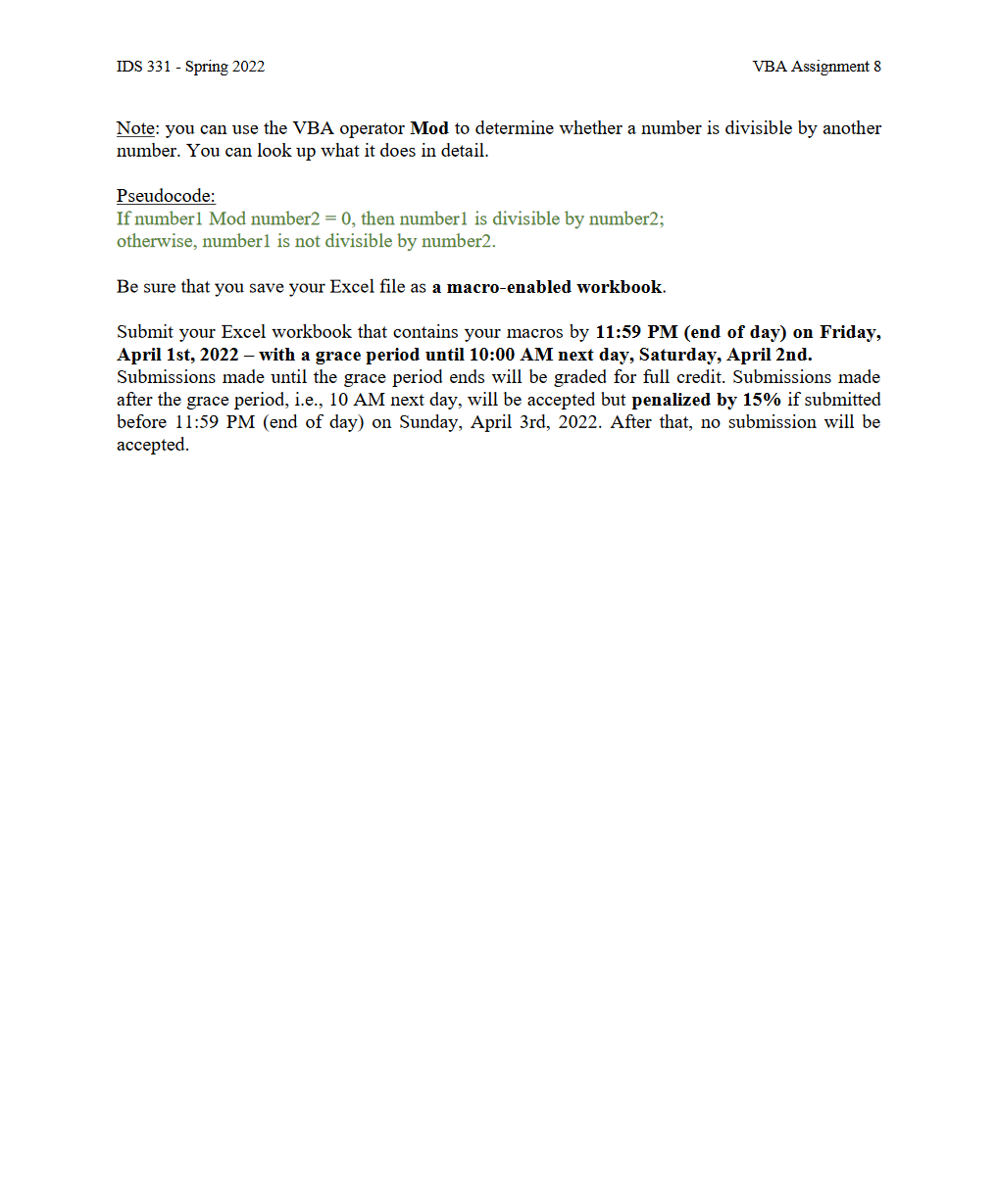 IDS 331 - Spring 2022 VBA Assignment 8 Note: you can | Chegg.com