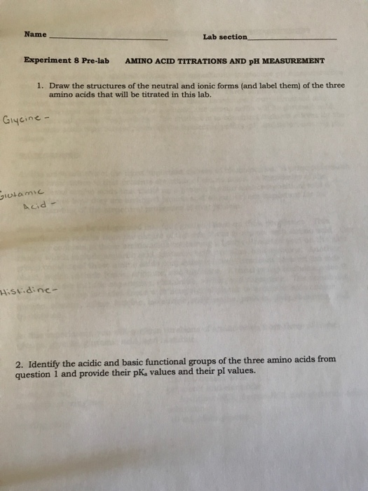 Solved Name Lab section- Experiment 8 Pre-lab AMINO ACID | Chegg.com