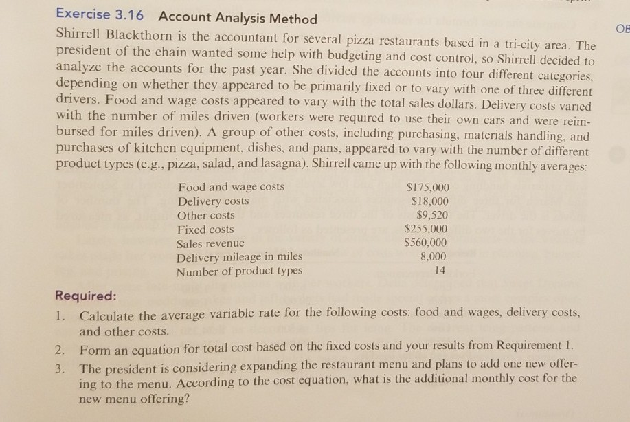 Solved Exercise 3.16 Account Analysis Method Shirrell | Chegg.com
