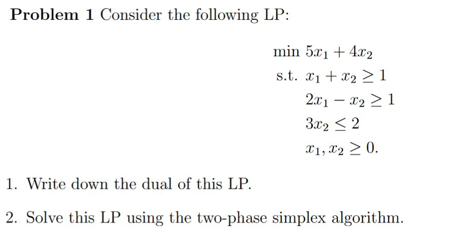 Solved Problem 1 Consider the following LP: min 5x1 + 4.x2 | Chegg.com