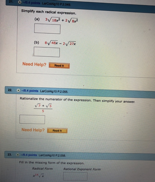 Solved 24.。-/0.4 points LarColAlg10P.2-062 Simplify each | Chegg.com