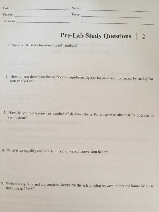 Solved Name Date Section Instructor Team Pre-Lab Study | Chegg.com