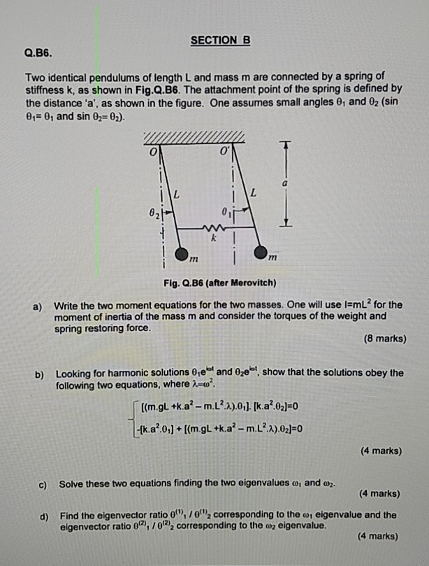 Solved SECTION B Q.B6. Two identical pendulums of length L | Chegg.com