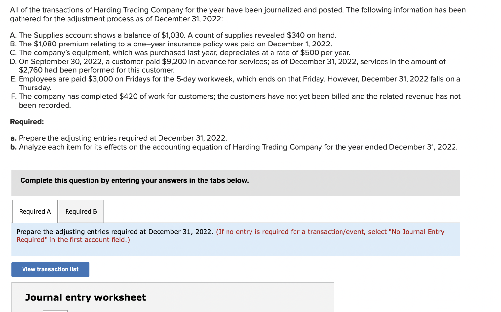 Solved All of the transactions of Harding Trading Company | Chegg.com