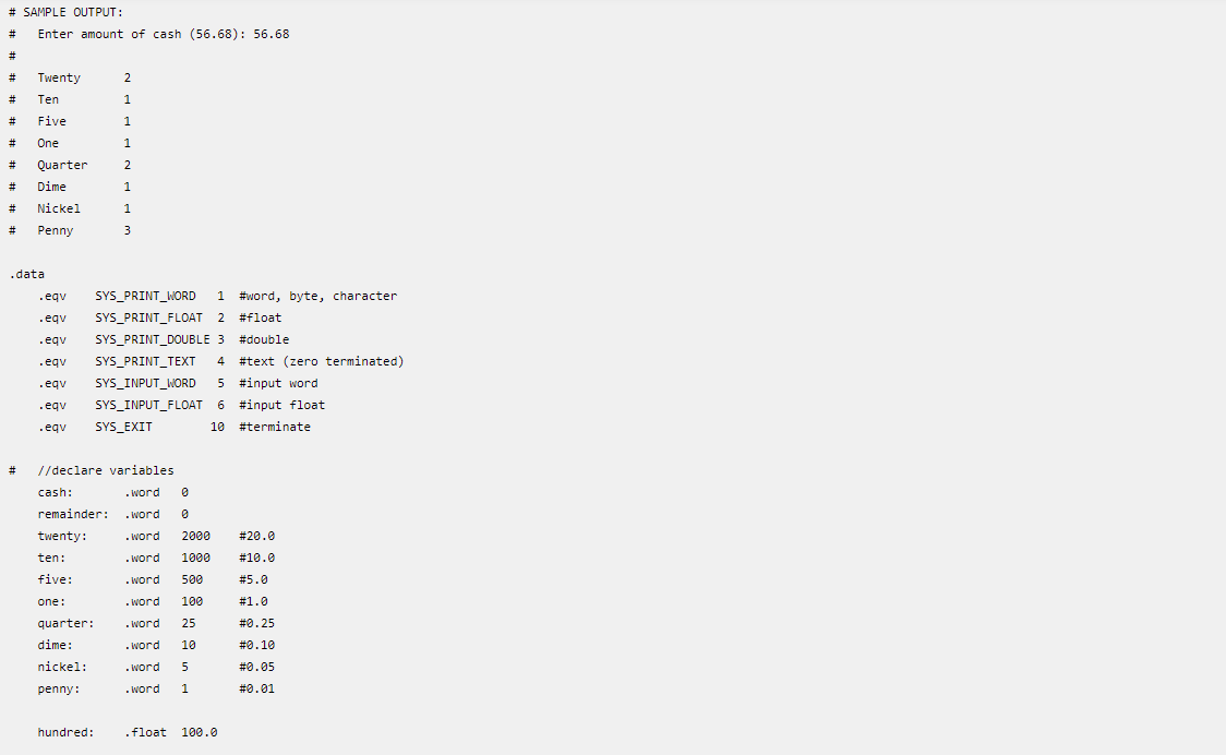 Solved Using Mips Mars 45 Complete The Moneyasm Program 