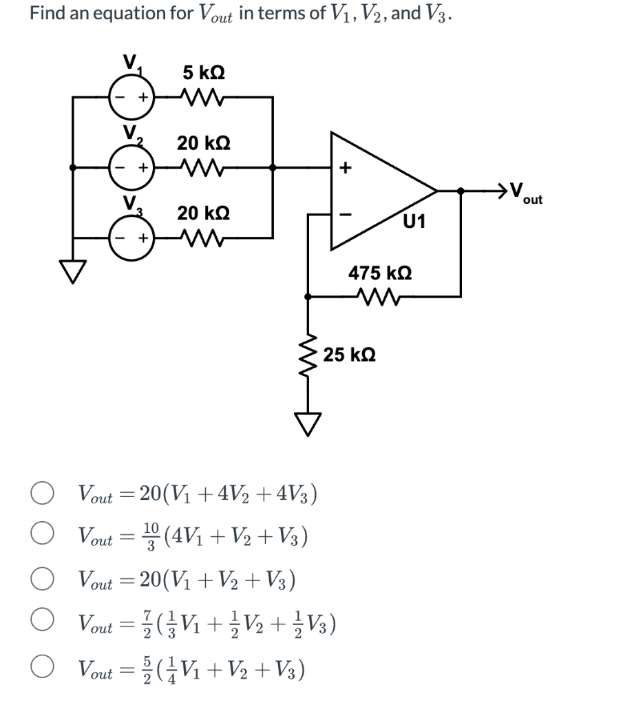 Solved Find an equation for Vout in terms of V1,V2, and V3. | Chegg.com