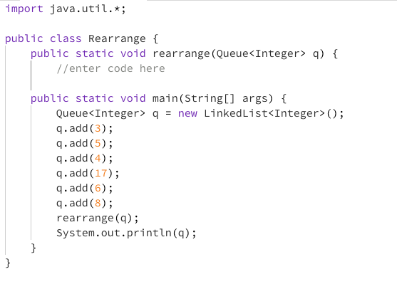Solved rearrange Write a method rearrange that takes a Queue | Chegg.com
