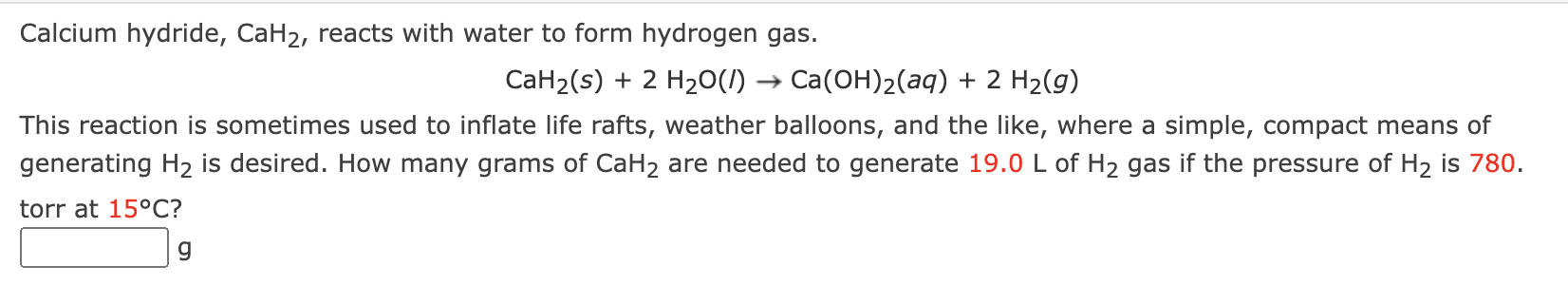 Solved Calcium hydride, CaH2, reacts with water to form | Chegg.com