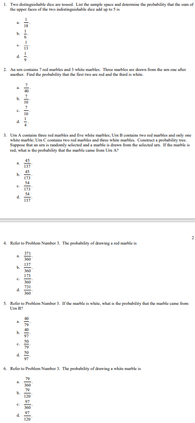 Solved 1. Two distinguishable dice are tossed. List the | Chegg.com