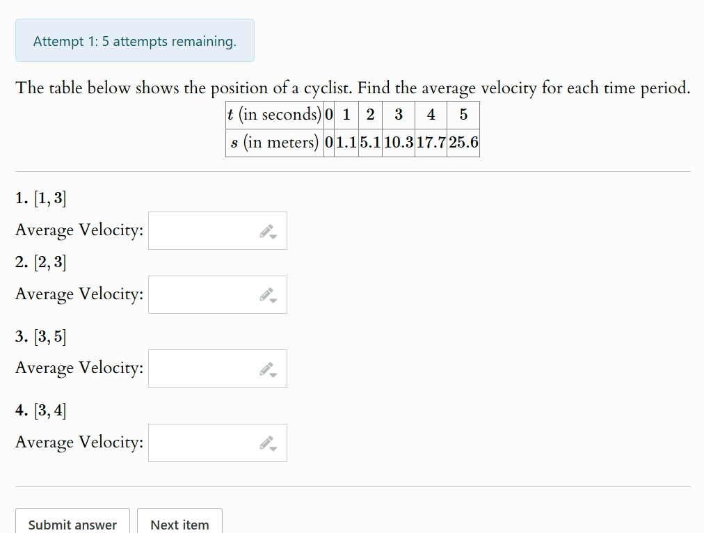 Solved The table below shows the position of a cyclist. Find | Chegg.com