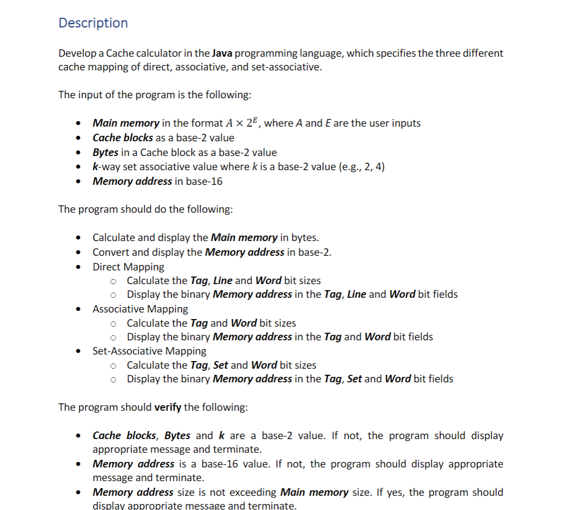 Solved Description Develop a Cache calculator in the Java | Chegg.com