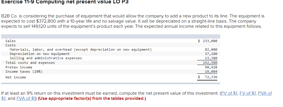 Solved Exercise 11-9 Computing net present value LO P3 B2B | Chegg.com