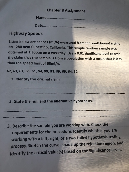 Solved Chapter 8 Assignment Highway Speeds Listed below are | Chegg.com