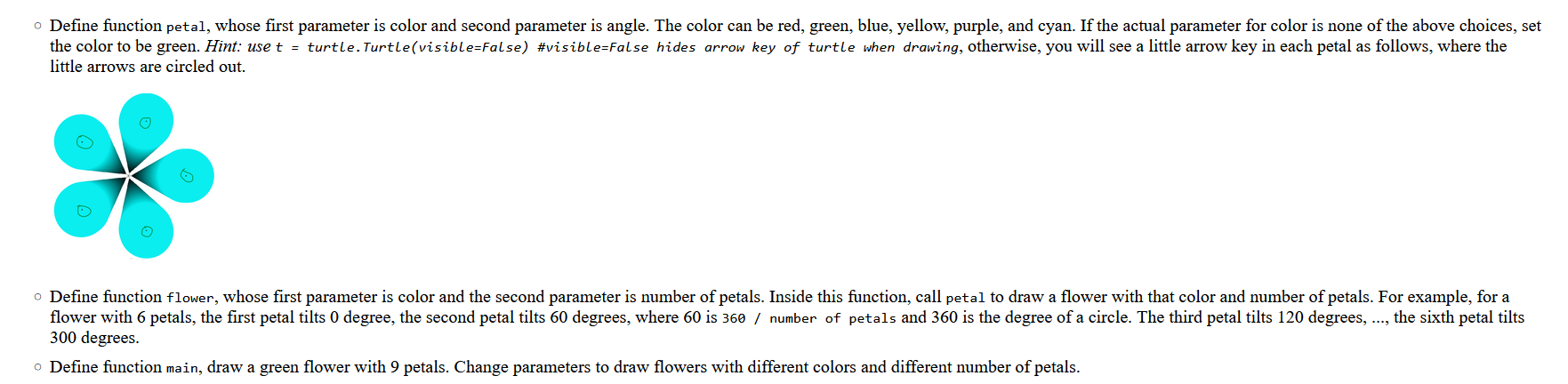 a green flower with nine petals a blue flower with | Chegg.com