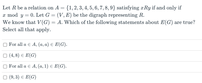 Solved Let R be a relation on A = {1, 2, 3, 4, 5, 6, 7, 8, | Chegg.com