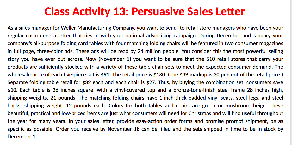 Solved Class Activity 13: Persuasive Sales Letter As a sales | Chegg.com