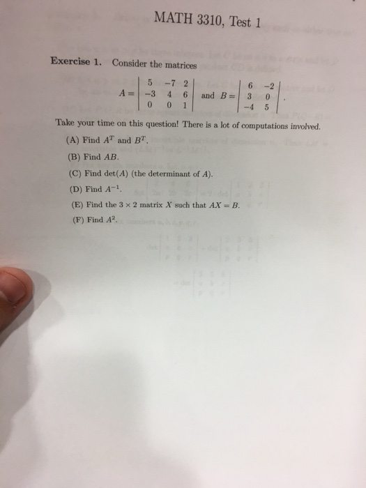 Solved MATH 3310, Test 1 Exercise 1. Consider the matrices 5 | Chegg.com