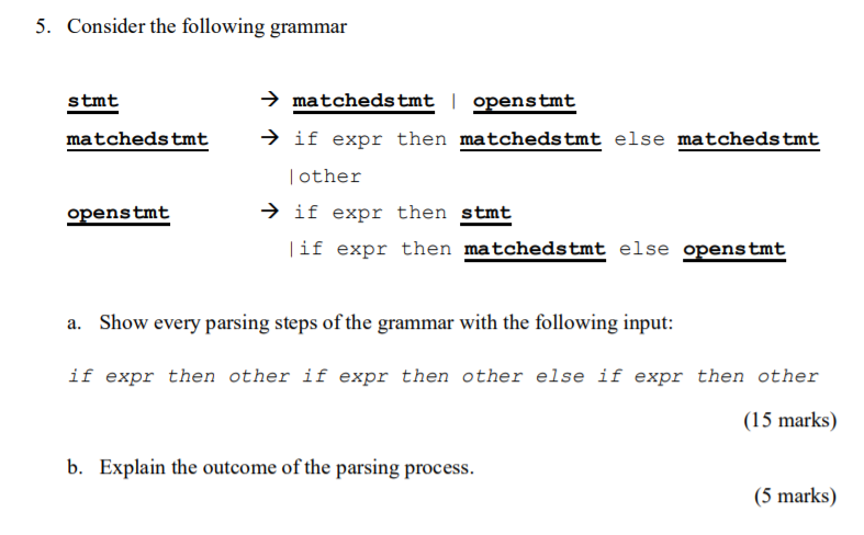 Solved 5. Consider the following grammar stmt matcheds tmt → | Chegg.com