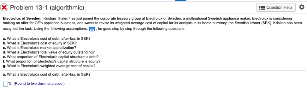 Solved X Problem 13-1 (algorithmic) Question Help Electrolux | Chegg.com
