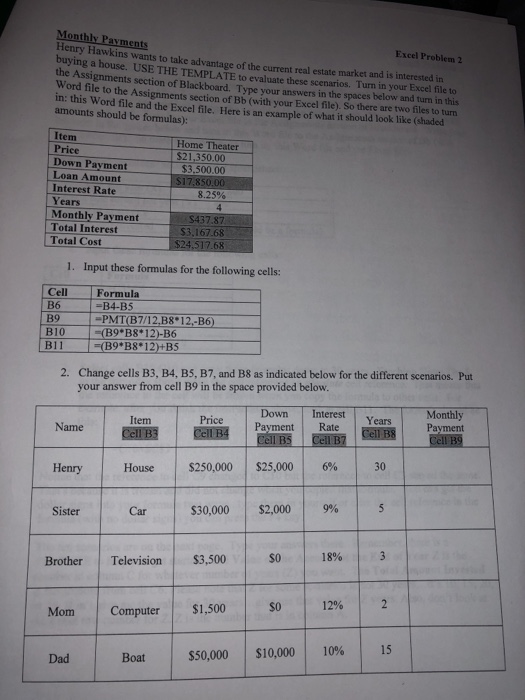 Solved Excel Problem 1 Use the Excel template provided for | Chegg.com