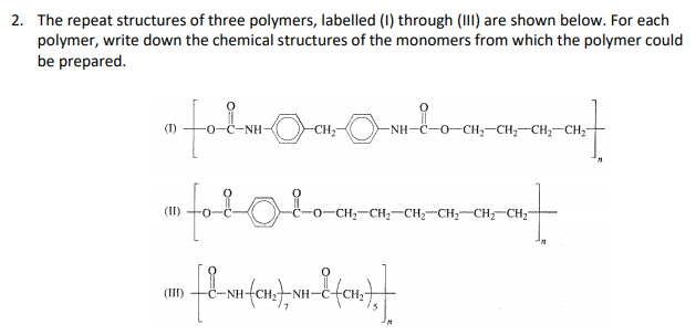 Solved 2. The repeat structures of three polymers, labelled | Chegg.com