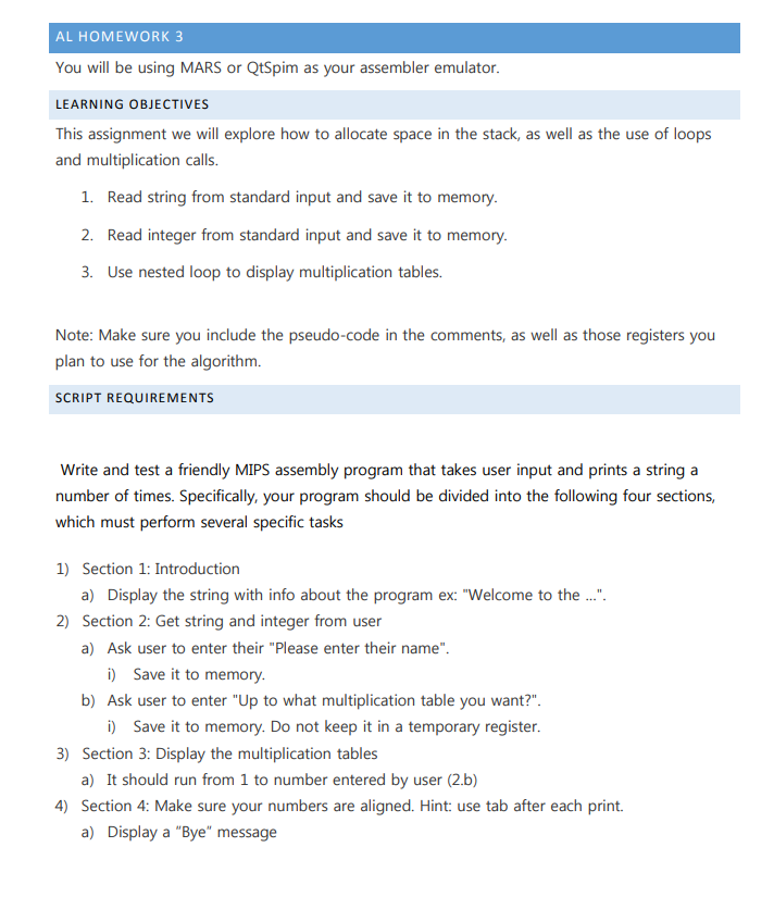 Solved AL HOMEWORK 3 You will be using MARS or QtSpim as | Chegg.com