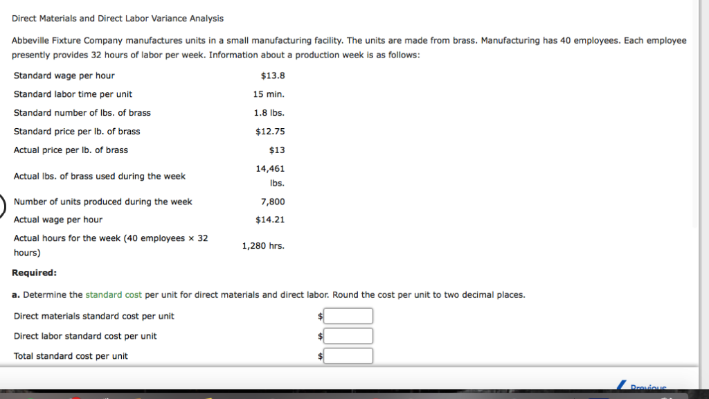 Solved Total standard cost per unit b. Determine the direct | Chegg.com