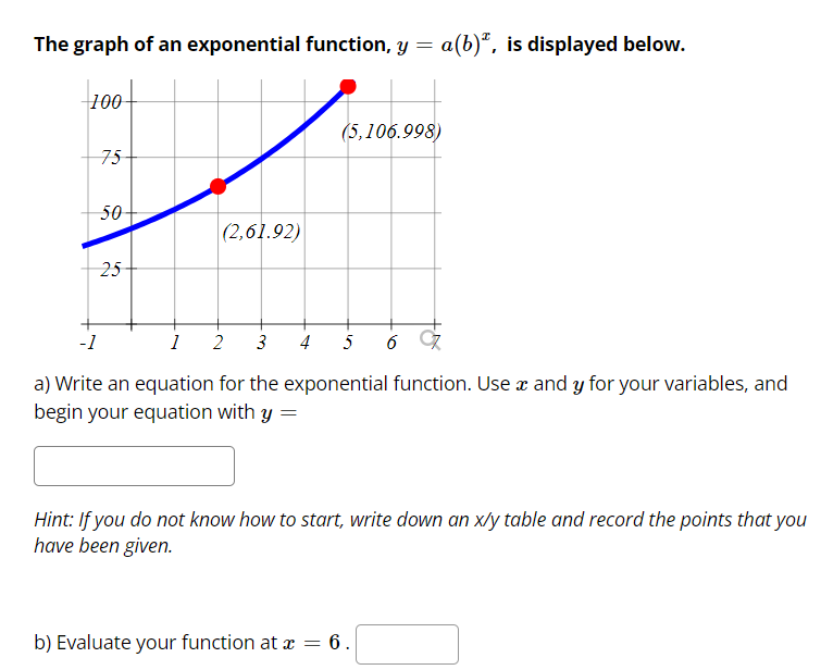 Solved The graph of an exponential function, y=a(b)x, ﻿is | Chegg.com
