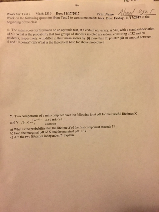 Solved Work for Test 2 Math 2310 Due: 11/17/2017 Work on the | Chegg.com