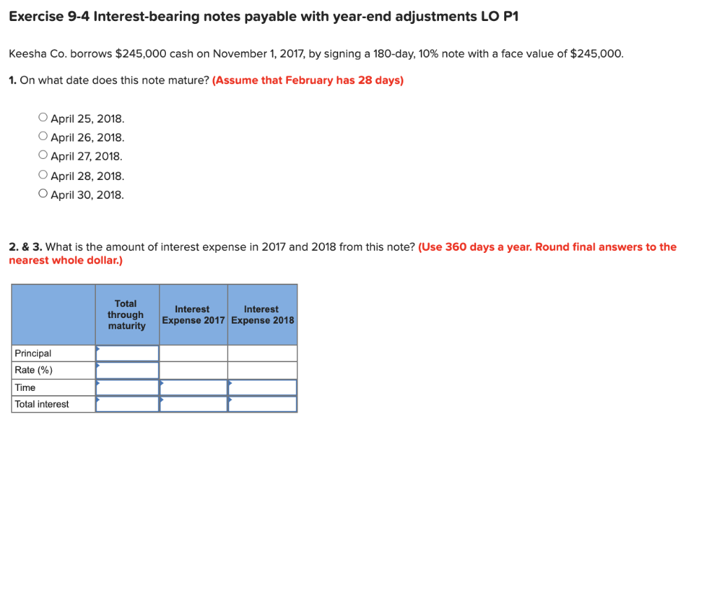Solved Exercise 9-4 Interest-bearing notes payable with | Chegg.com