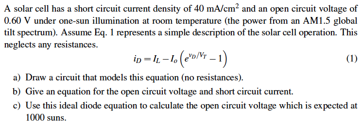 Solved A solar cell has a short circuit current density of | Chegg.com