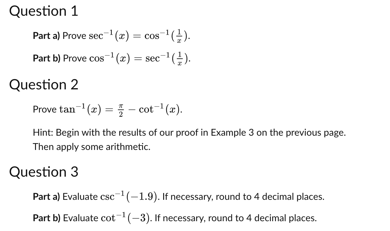 Solved Part a) Prove sec−1(x)=cos−1(x1). Part b) Prove | Chegg.com