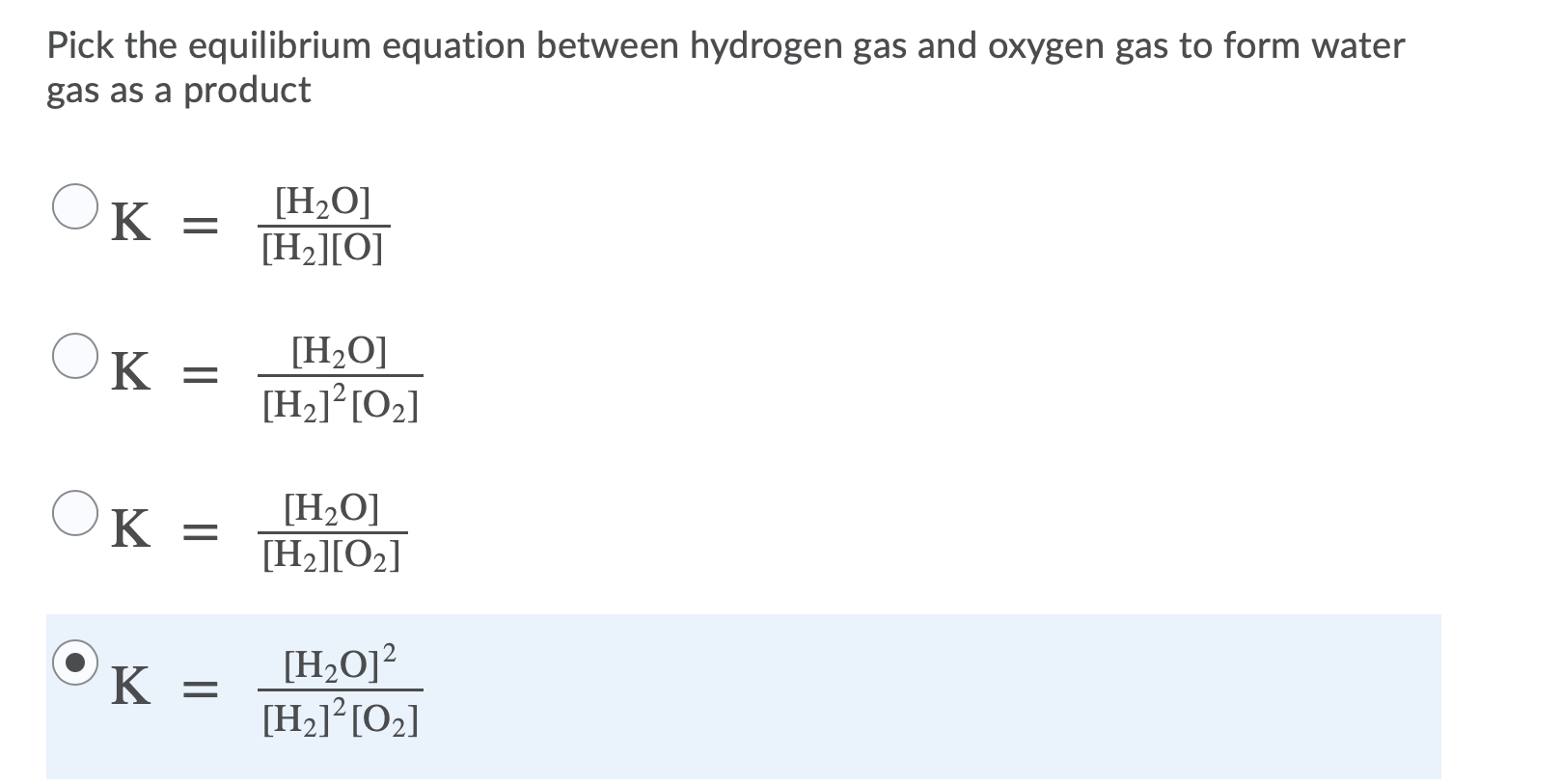 Solved Pick the equilibrium equation between hydrogen gas | Chegg.com