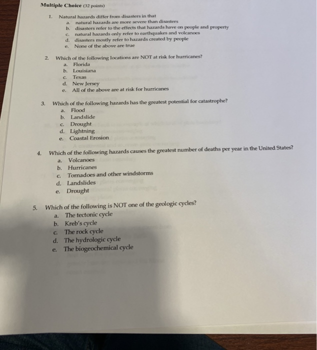 Solved Multiple Choice (32 points) 1. Natural hazards differ | Chegg.com