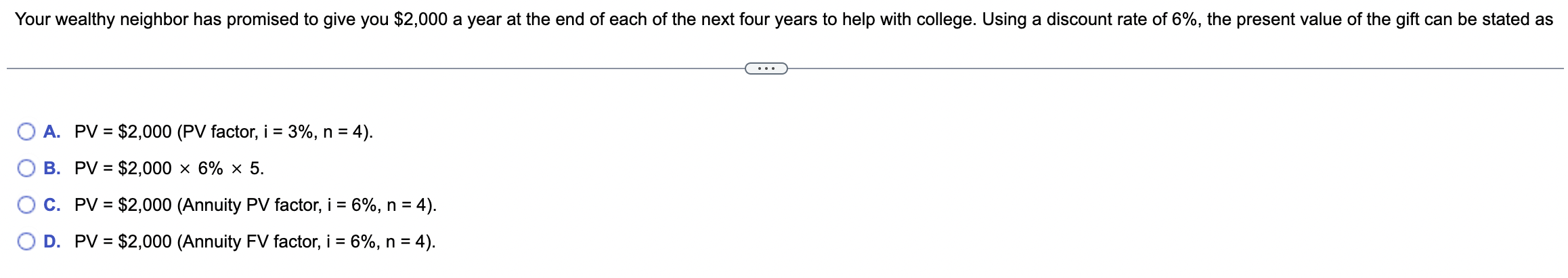 Solved A. PV=$2,000 (PV factor, | Chegg.com