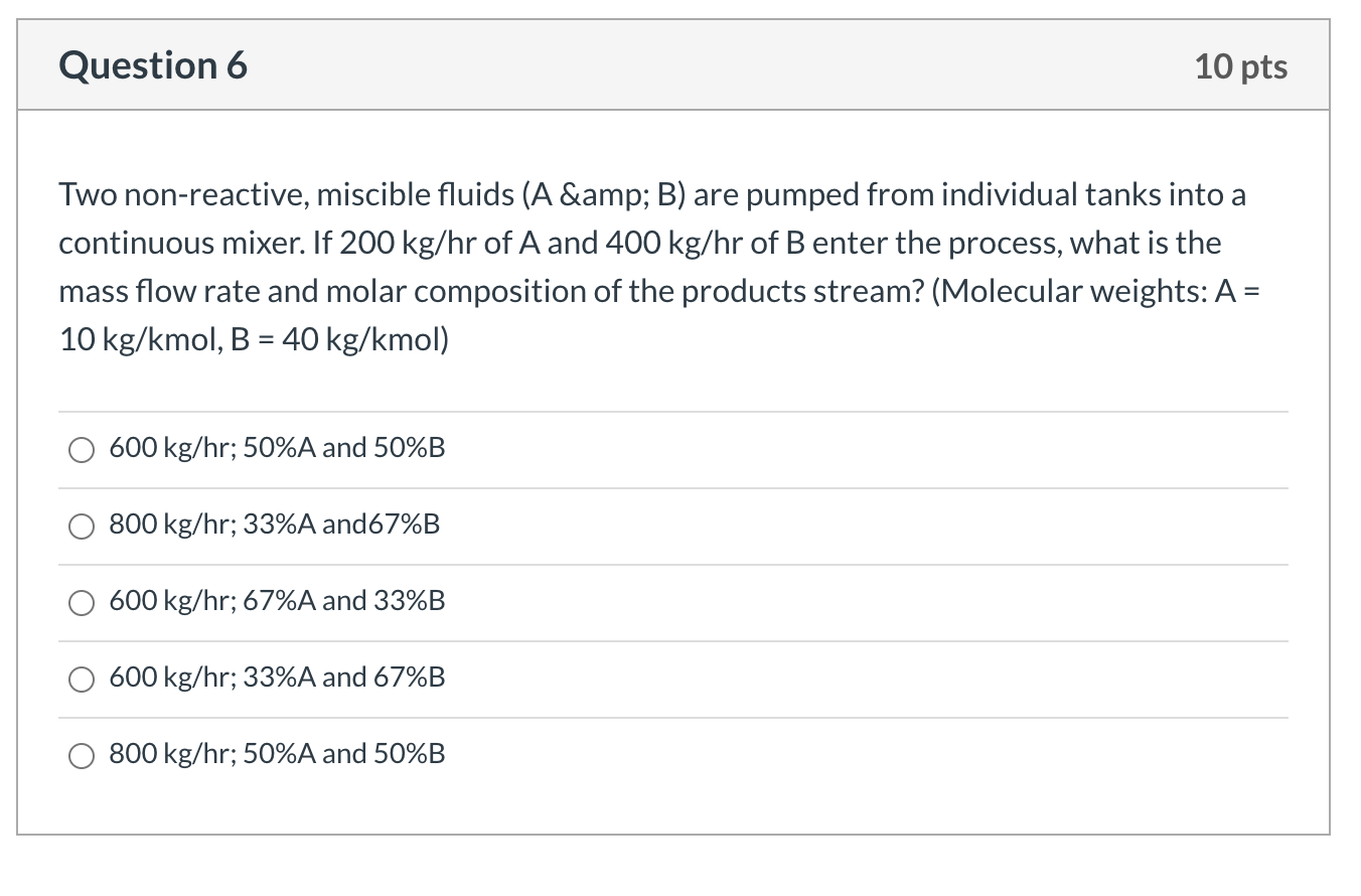Solved Question 6 10 pts Two non-reactive, miscible fluids | Chegg.com