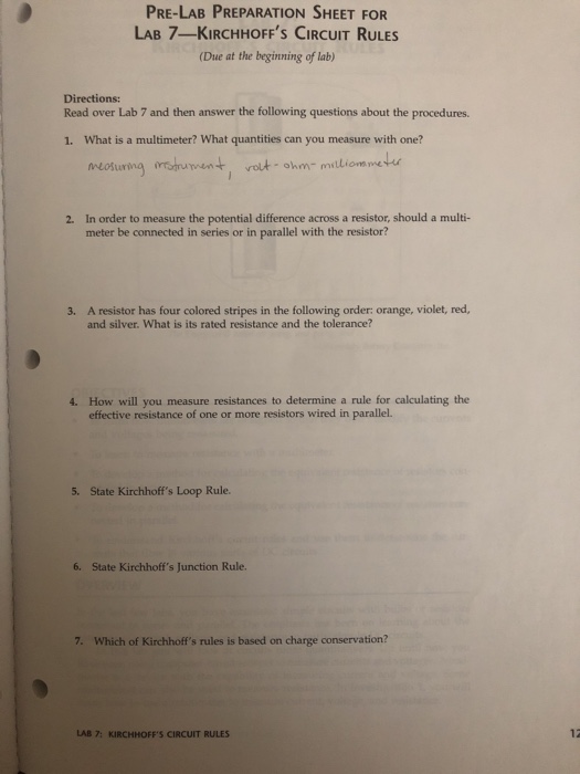 Solved PRE-LAB PREPARATION SHEET FOR LAB 7-KIRCHHOFF's | Chegg.com