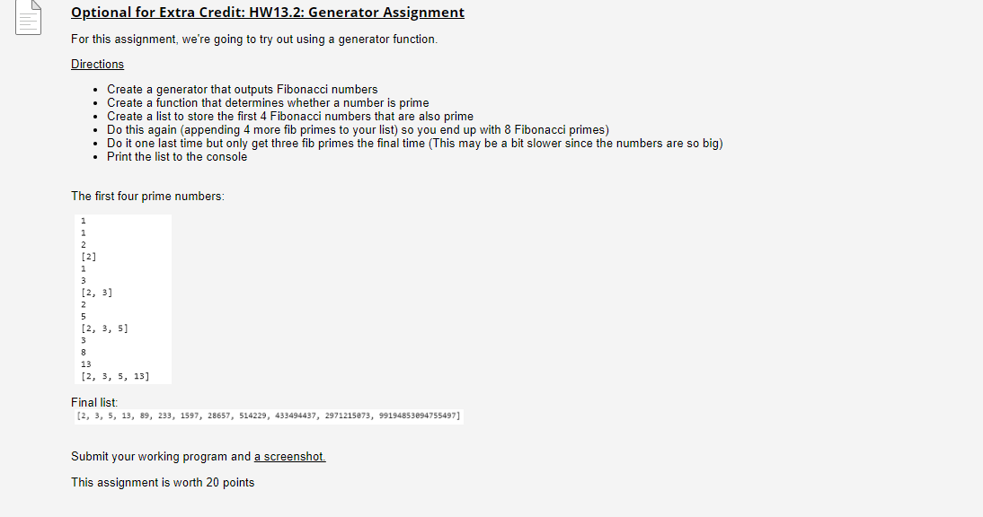 Solved Optional for Extra Credit: HW13.2: Generator | Chegg.com