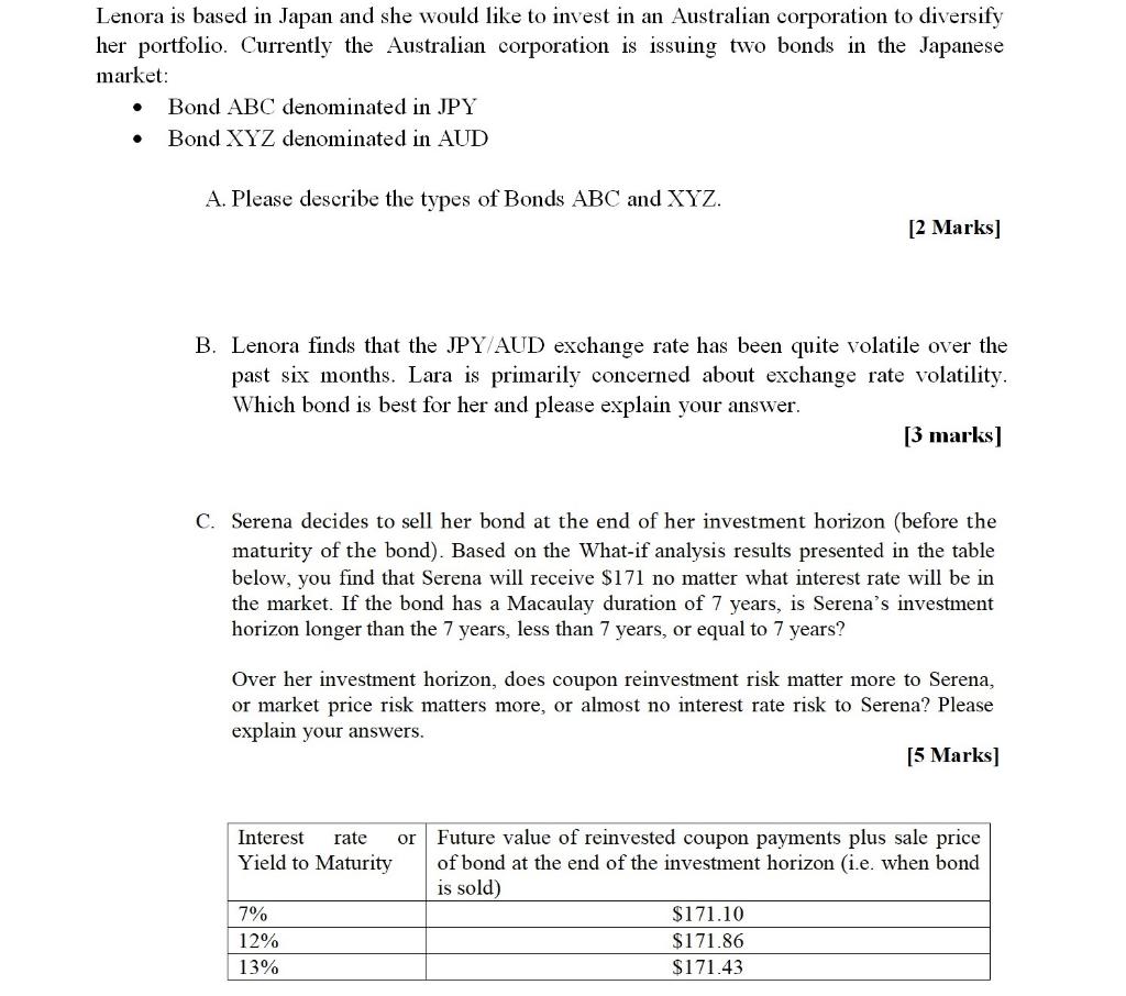 Solved Lenora is based in Japan and she would like to invest | Chegg.com