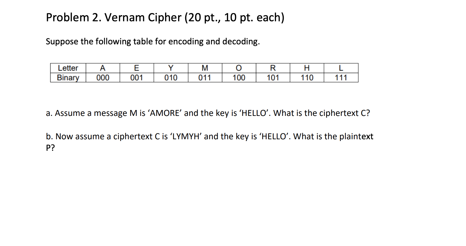 Solved Problem 2. Vernam Cipher (20 pt., 10 pt. each) | Chegg.com Solved Problem 2. Vernam Cipher (20 pt., 10 pt. each) | Chegg.com